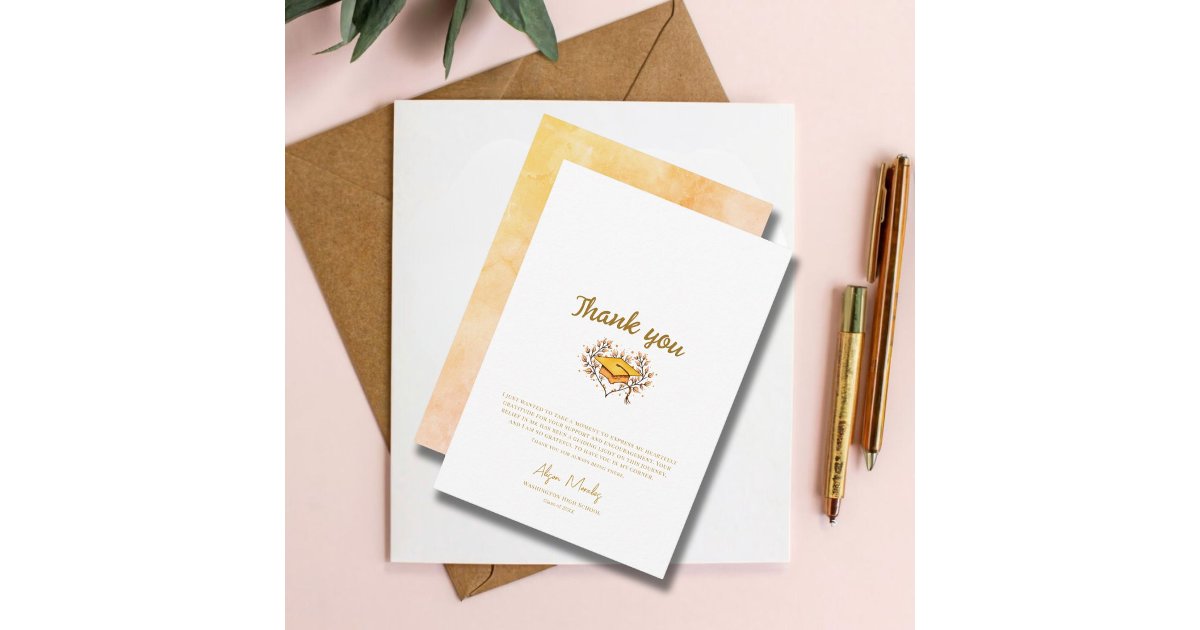 Hand-drawn golden Cap Peach graduation Thank You Card | Zazzle