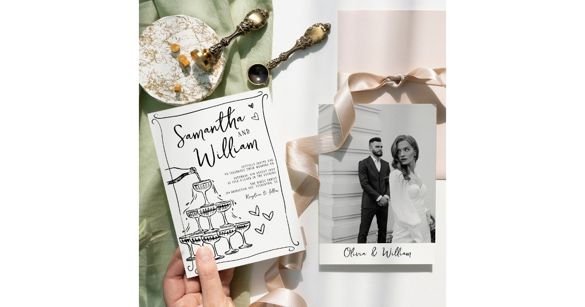 Hand Drawn Retro Scribble Photo Wedding Invitation | Zazzle
