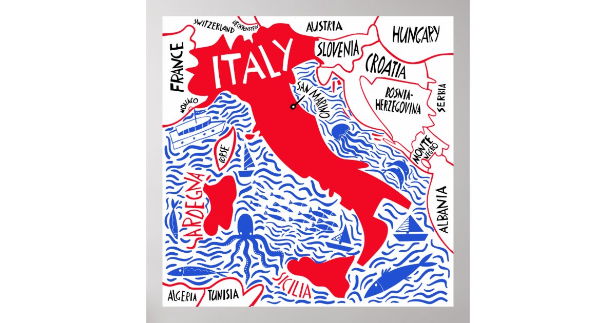 hand drawn stylized map of Italy. Travel illustrat Poster | Zazzle