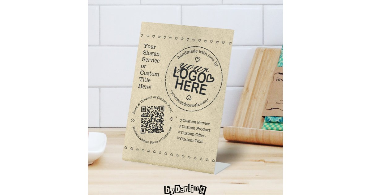 Handmade with Love Custom Logo QR Code Rustic Pedestal Sign | Zazzle