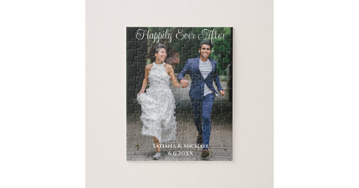 Happily ever after, modern script photo wedding jigsaw puzzle | Zazzle