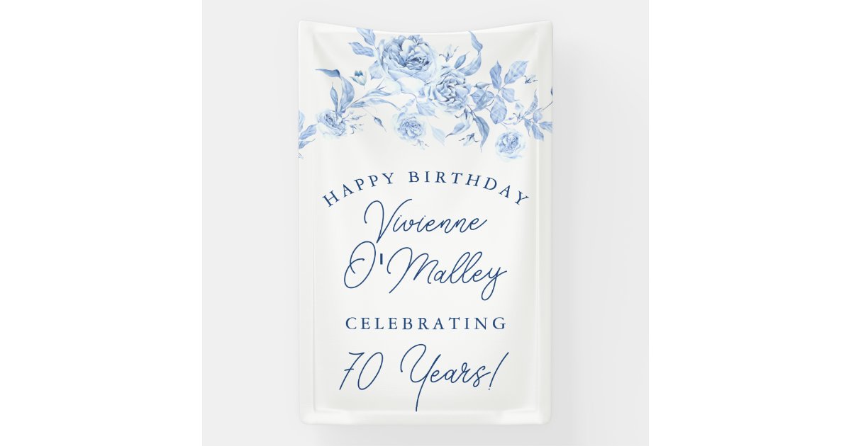 Happy Birthday Banner 70th Blue Floral Template | Zazzle