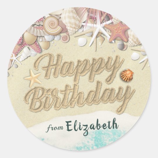 Happy Birthday Summer Beach Starfish Sea shells Classic Round Sticker ...