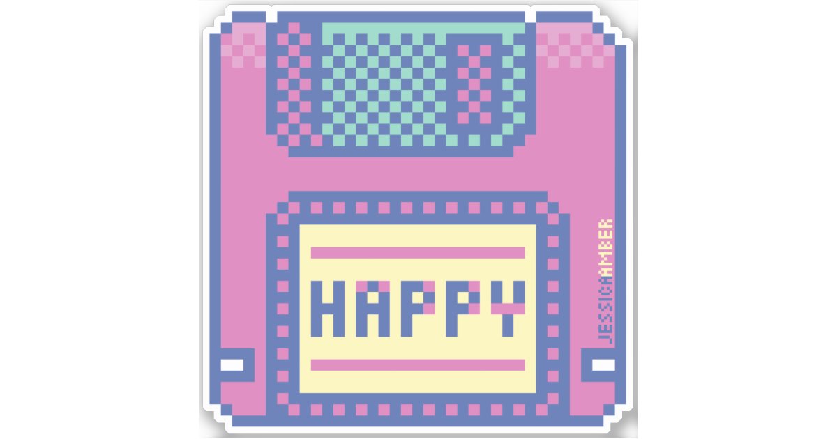 Happy Pink Blue Pixel Art 90s Floppy Disc Sticker | Zazzle
