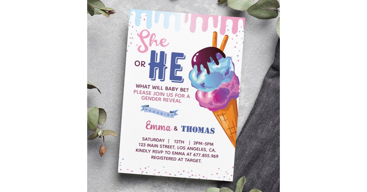He Or She Ice Cream Gender Reveal Party Invitation | Zazzle