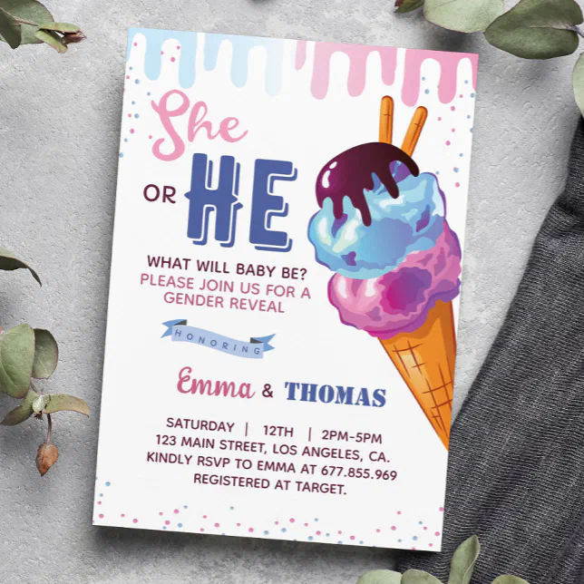 He Or She Ice Cream Gender Reveal Party Invitation | Zazzle