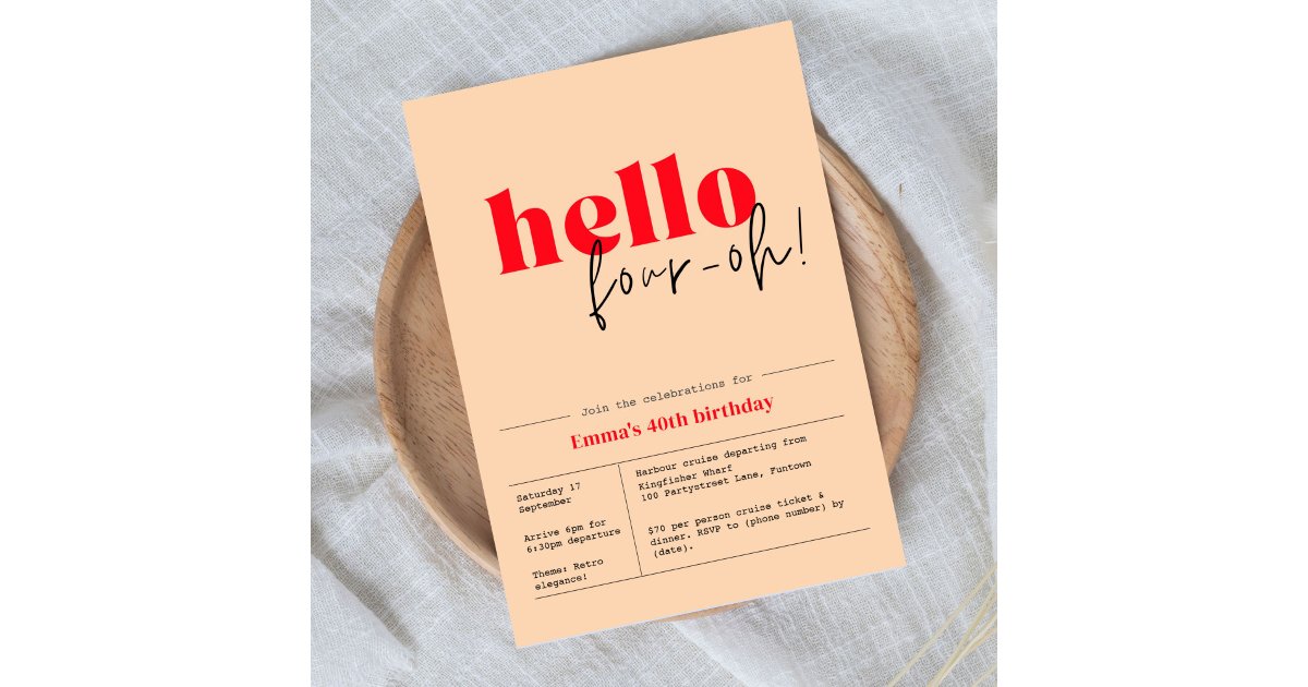 hello, four-oh! Minimalist 40th birthday Invitation | Zazzle