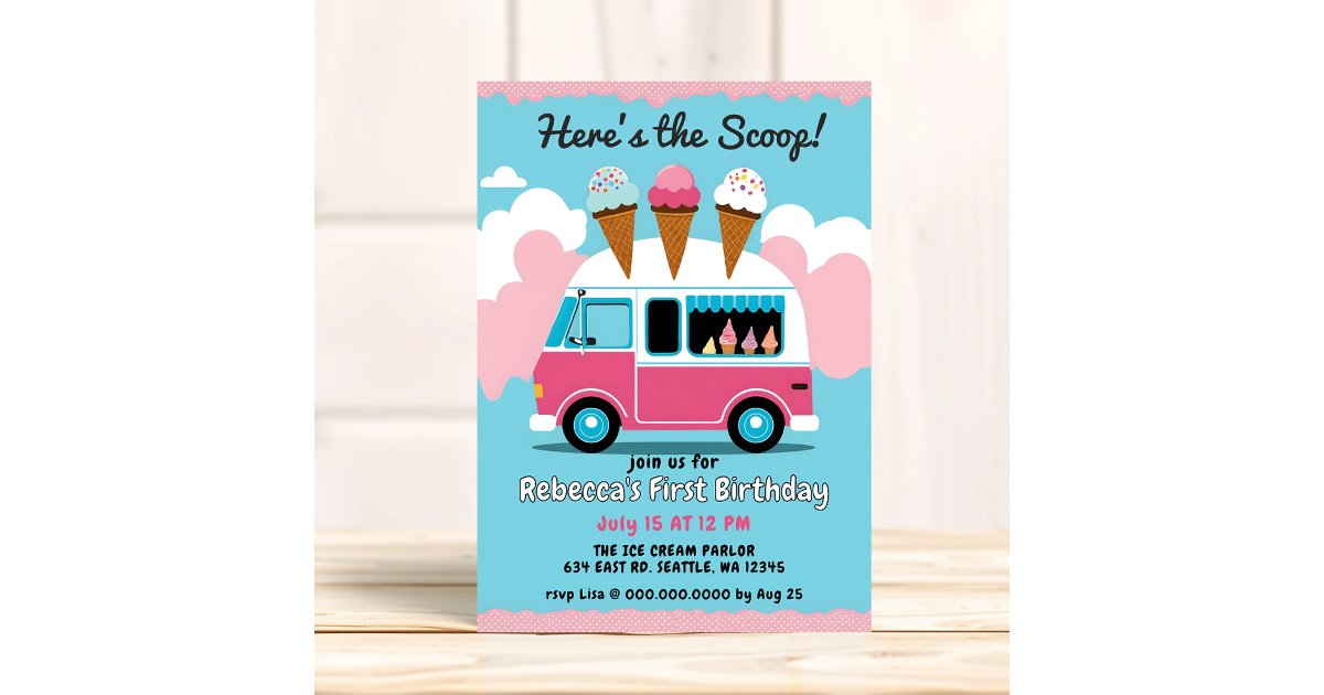 Heres the Scoop Ice Cream Truck Birthday Invitation | Zazzle