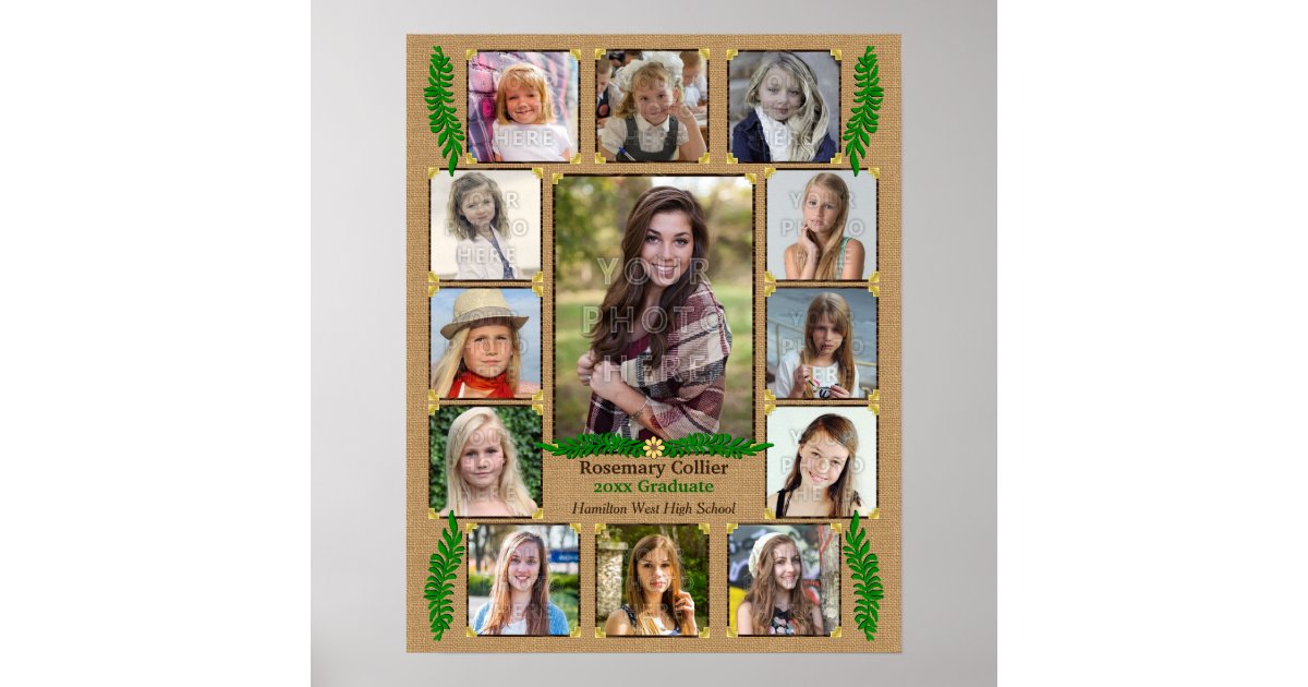 High School Graduation Photo Collage | Burlap Fern Poster | Zazzle