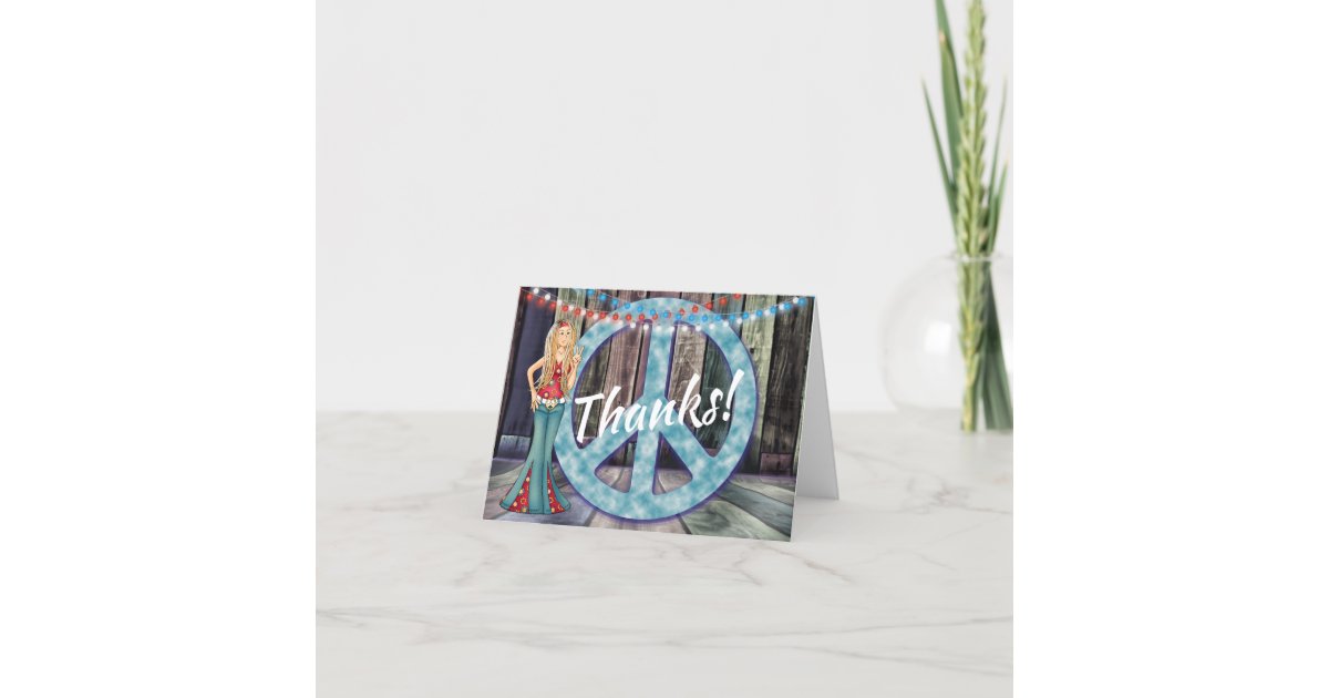 Hippie Girl, Peace Sign and String Lights Thanks! Thank You Card | Zazzle