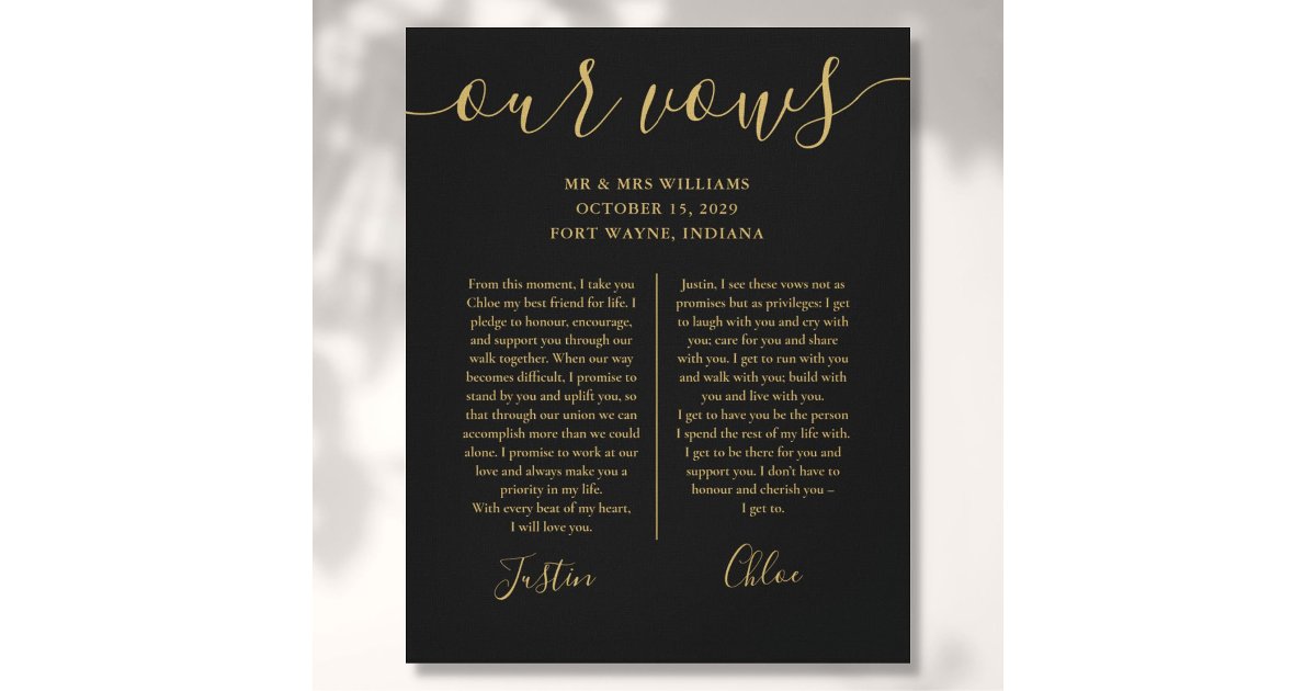 His And Hers Wedding Vows Black Gold Script Canvas | Zazzle