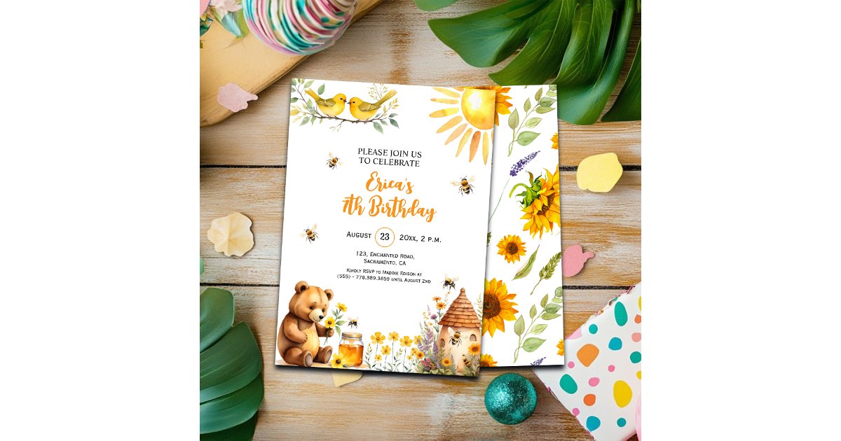 Honey Bees Teddy Bear 7th Birthday Invitation | Zazzle