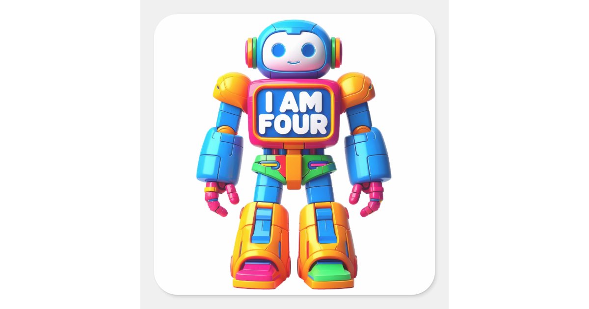 I Am Four Robot for Kids 4th Birthday Tech Robotic Square Sticker | Zazzle