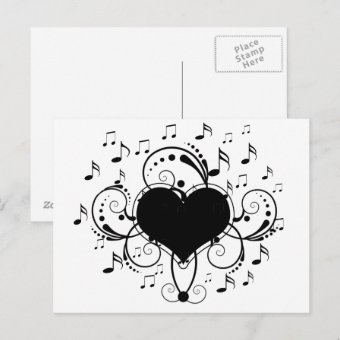 I love music notes heart black and white postcard | Zazzle