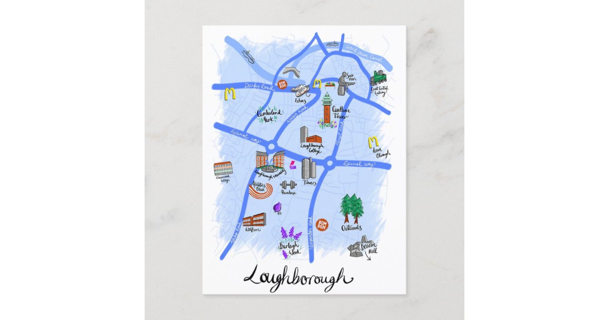 Illustrated Map of Loughborough Postcard | Zazzle