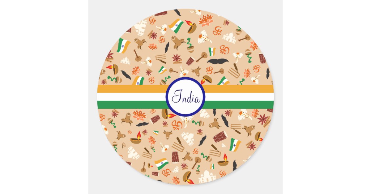 Indian cultural items with flag and text classic round sticker | Zazzle