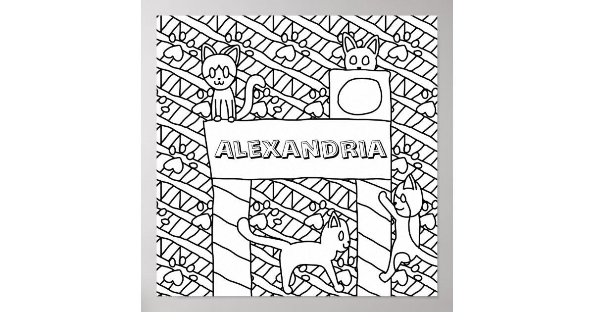 Insert Your Name Cat Colouring Page Poster | Zazzle