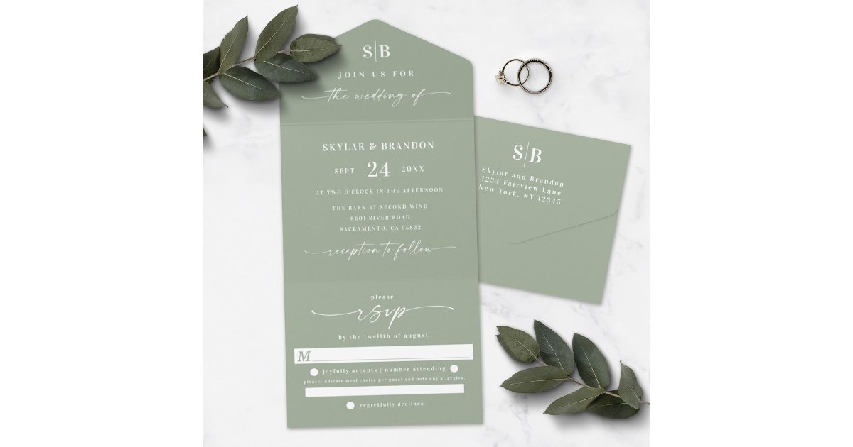 Invitation Tout En Un Monogramme simple et feuille de script Mariage ...