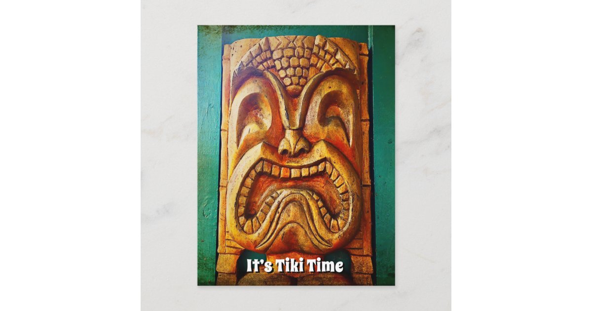 It’s Tiki Time Cool Fun Vintage Retro Wood Face Postcard | Zazzle