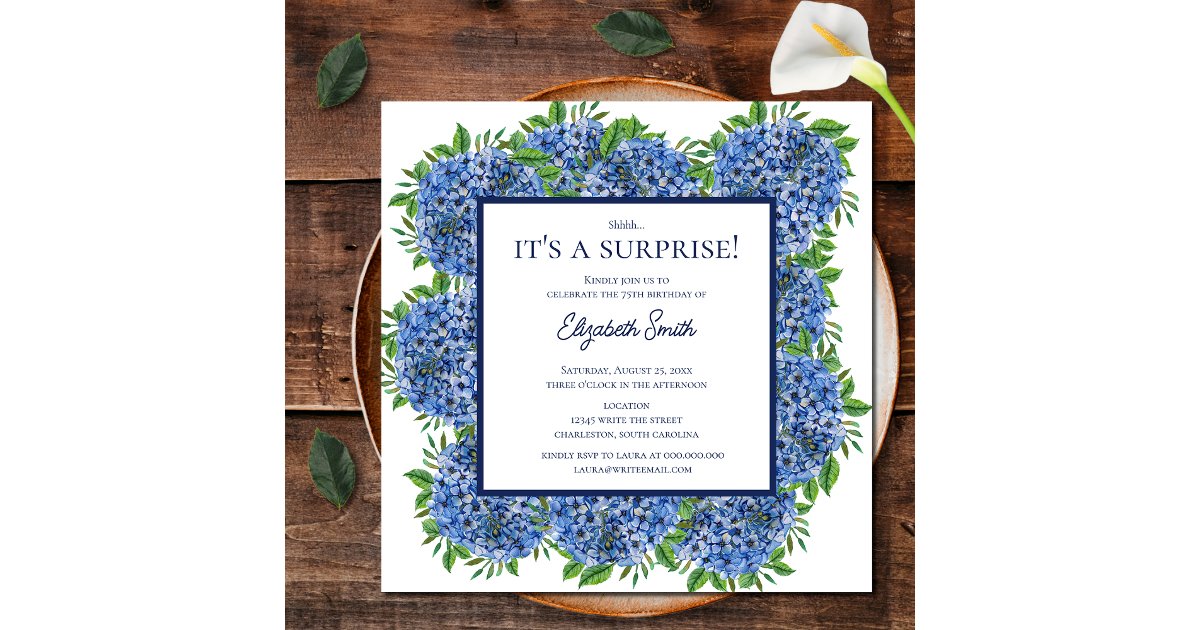 It's a Surprise 75th Birthday Party Blue Hydrangea Invitation | Zazzle