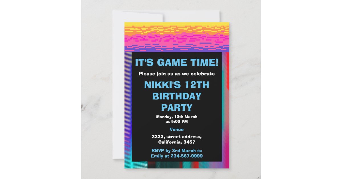 Its Game Time Kids Pixelated Gaming Birthday Invitation | Zazzle
