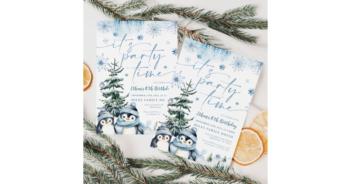 It's party time Penguin winter birthday invitation | Zazzle