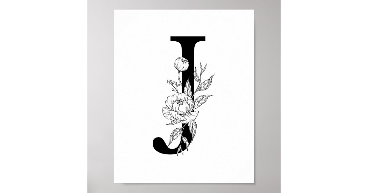 J botanical monogram. Letter initial with peonies Poster | Zazzle