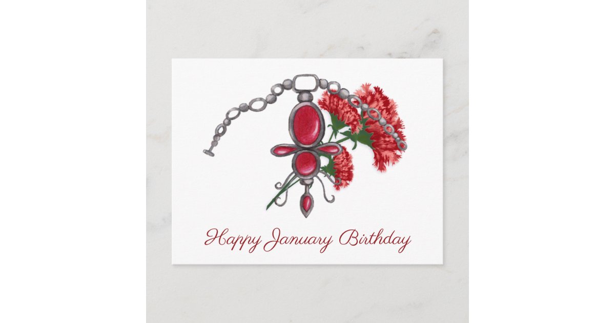 January Birthstone and Flower, Garnet & Carnation Postcard | Zazzle