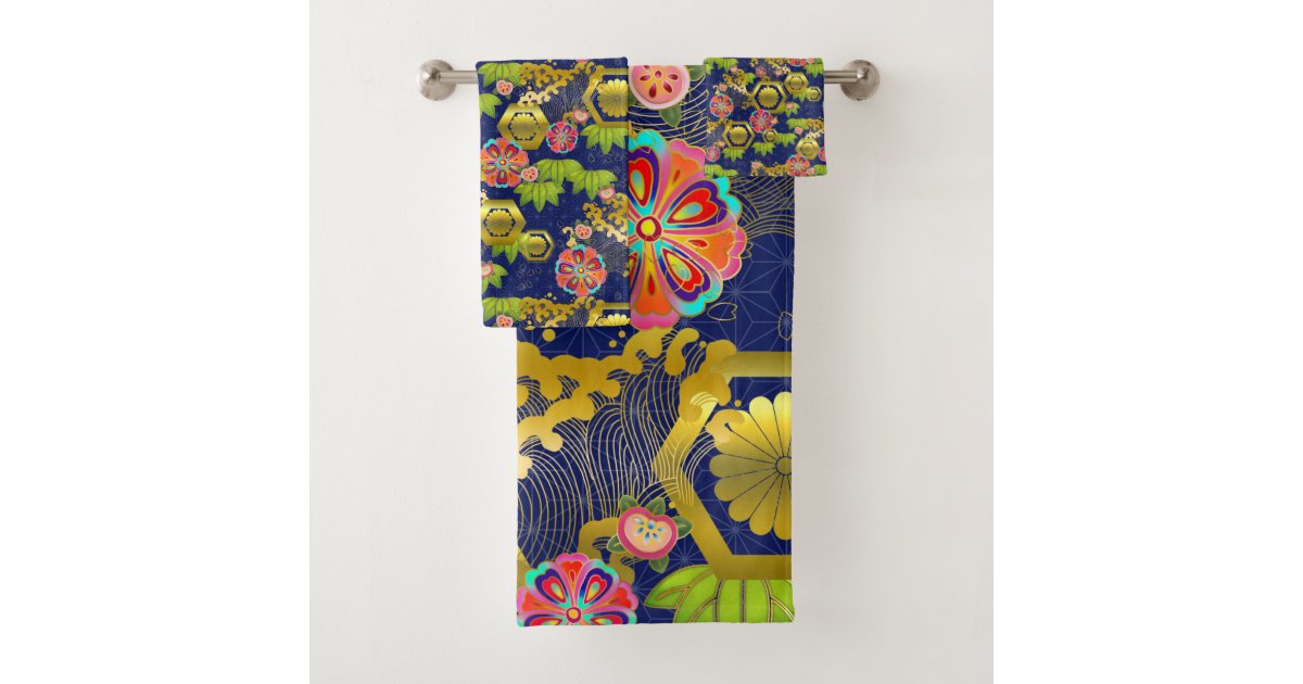 Japanese jurokugiku pattern bath towel set | Zazzle
