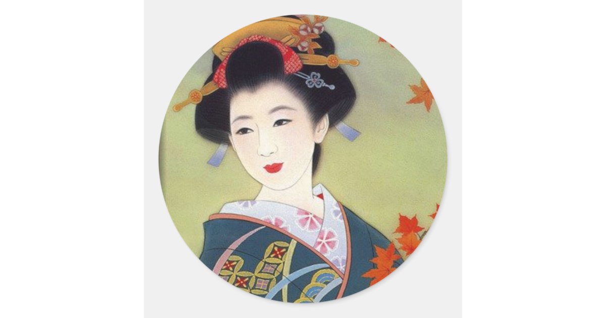 Japanese woman in blue kimono classic round sticker | Zazzle