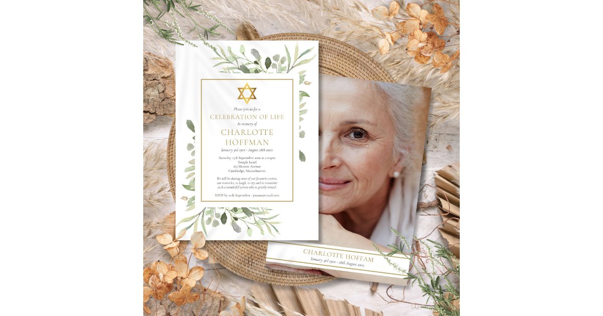 Jewish Celebration of Life Funeral Greenery Photo Invitation | Zazzle