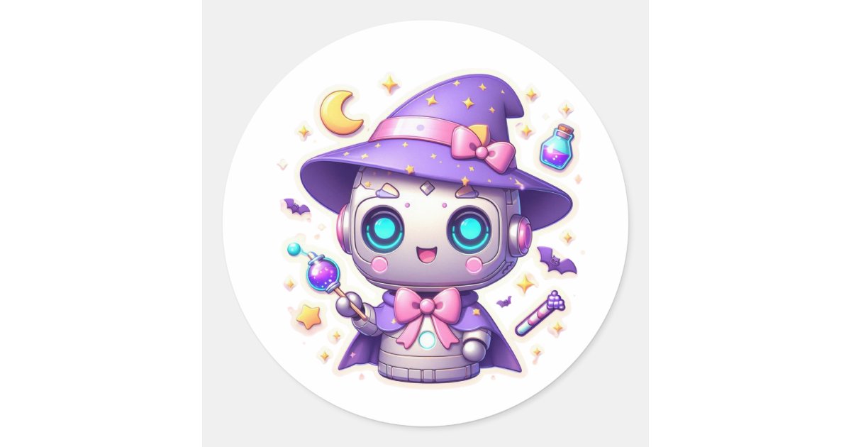 Kawaii Robot Witch Cute Magical Bot with Wand Classic Round Sticker ...
