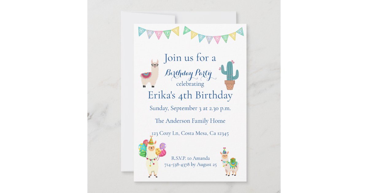 Kids Llama Cactus Birthday Party Invitation | Zazzle