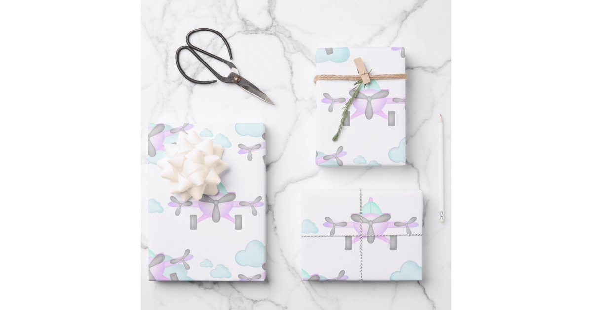 Kids Purple Airplane Flying Aviation Birthday Wrapping Paper Sheet | Zazzle