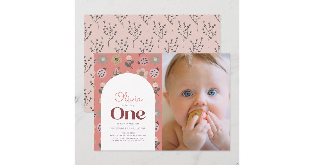 Ladybug & Flower Arch Pink 1st Birthday Photo Invitation | Zazzle