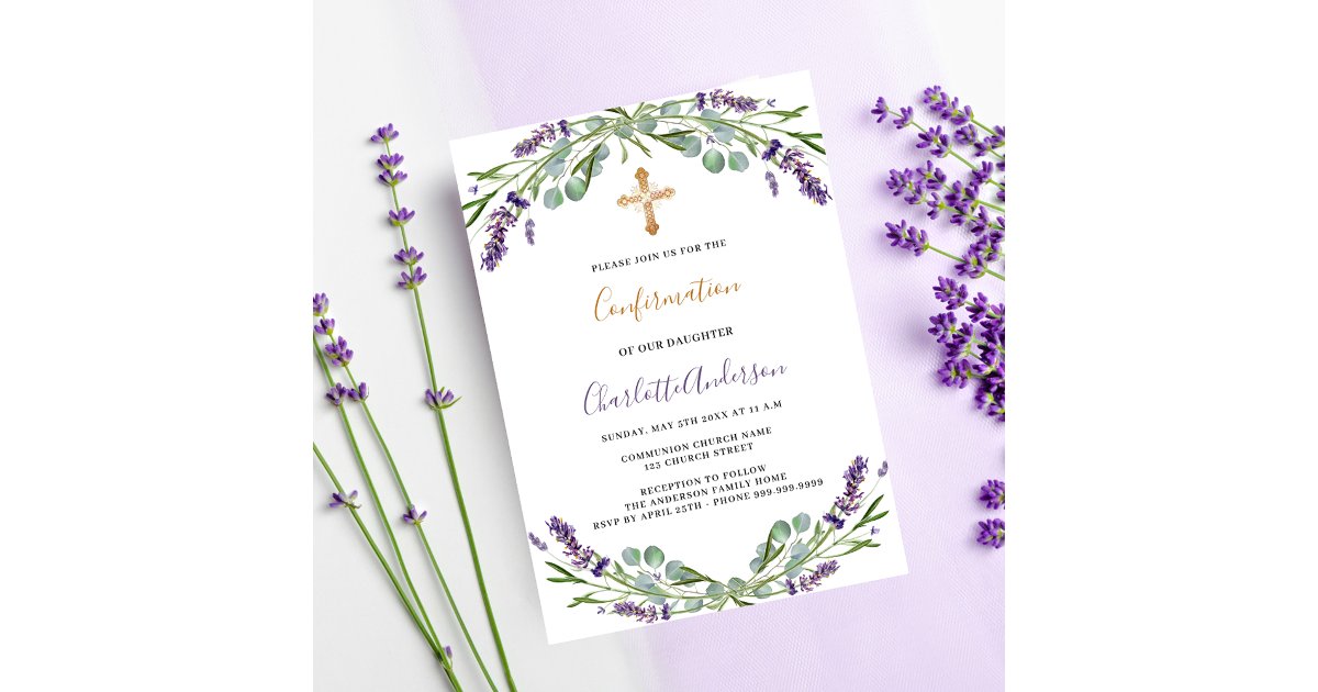 Lavender violet greenery luxury Confirmation Invitation | Zazzle