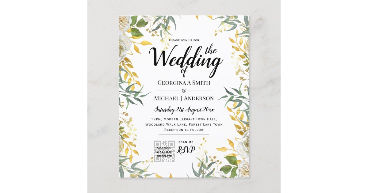 LeahG Greenery Gold Wedding QR CODE RSVP INVITE Flyer | Zazzle