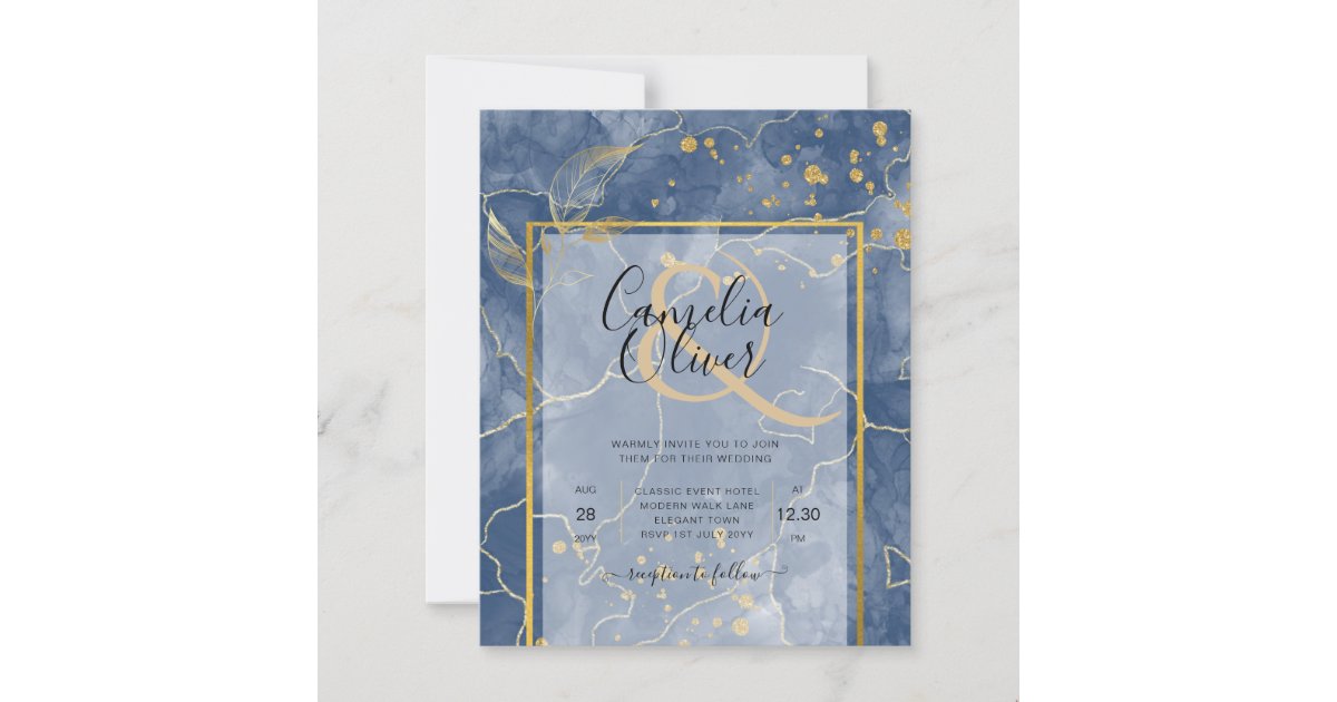 LeahG Navy Blue Gold INK Abstract Wedding INVITE | Zazzle