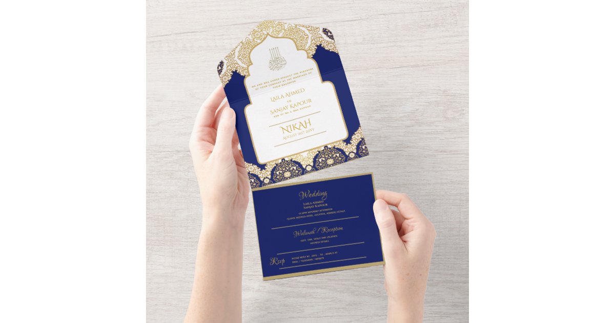 LeahG Navy Blue Gold Islamic Muslim Wedding Nikah All In One Invitation ...