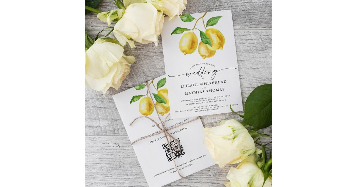 Lemon Citrus Watercolor QR Code Wedding Invitation | Zazzle