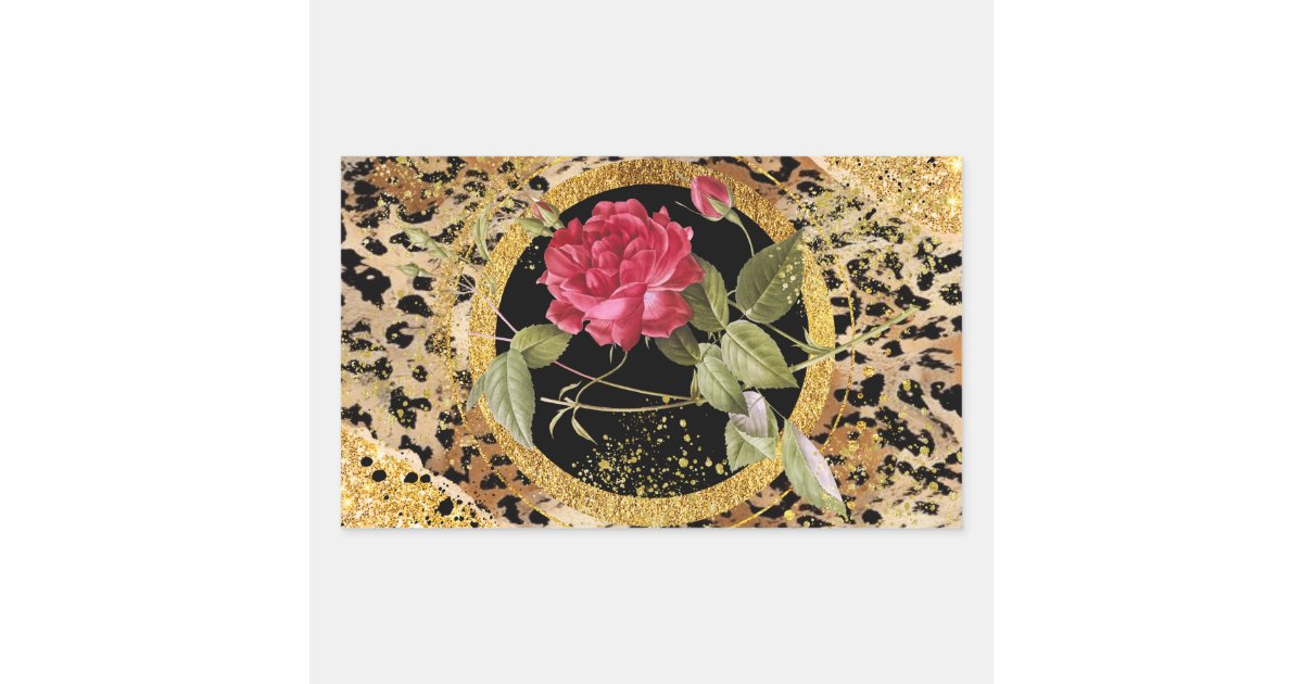 leopard print with roses and gold glitter sticker | Zazzle