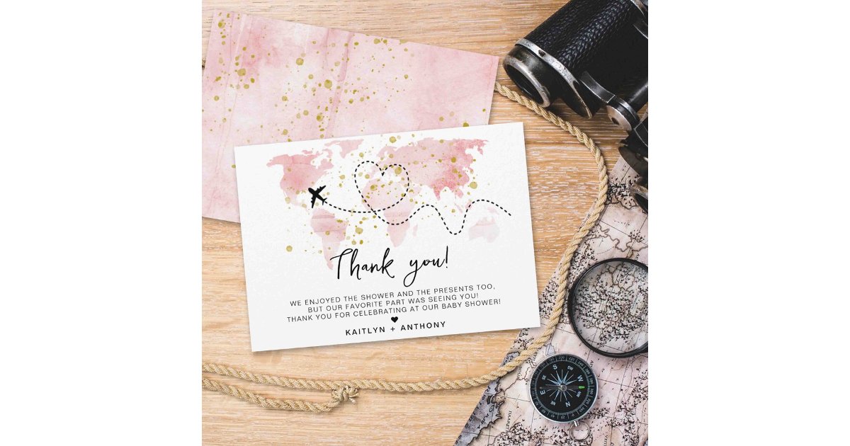 "Let The Adventure Begin!" Travel Map Baby Shower Thank You Card | Zazzle