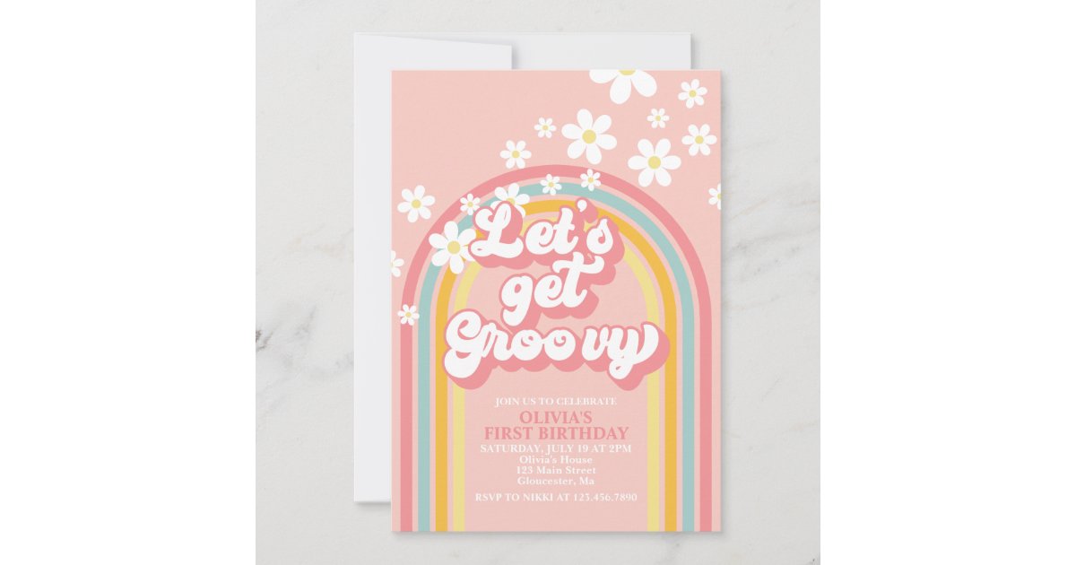 Let's Get Groovy Retro Rainbow Birthday Invitation | Zazzle