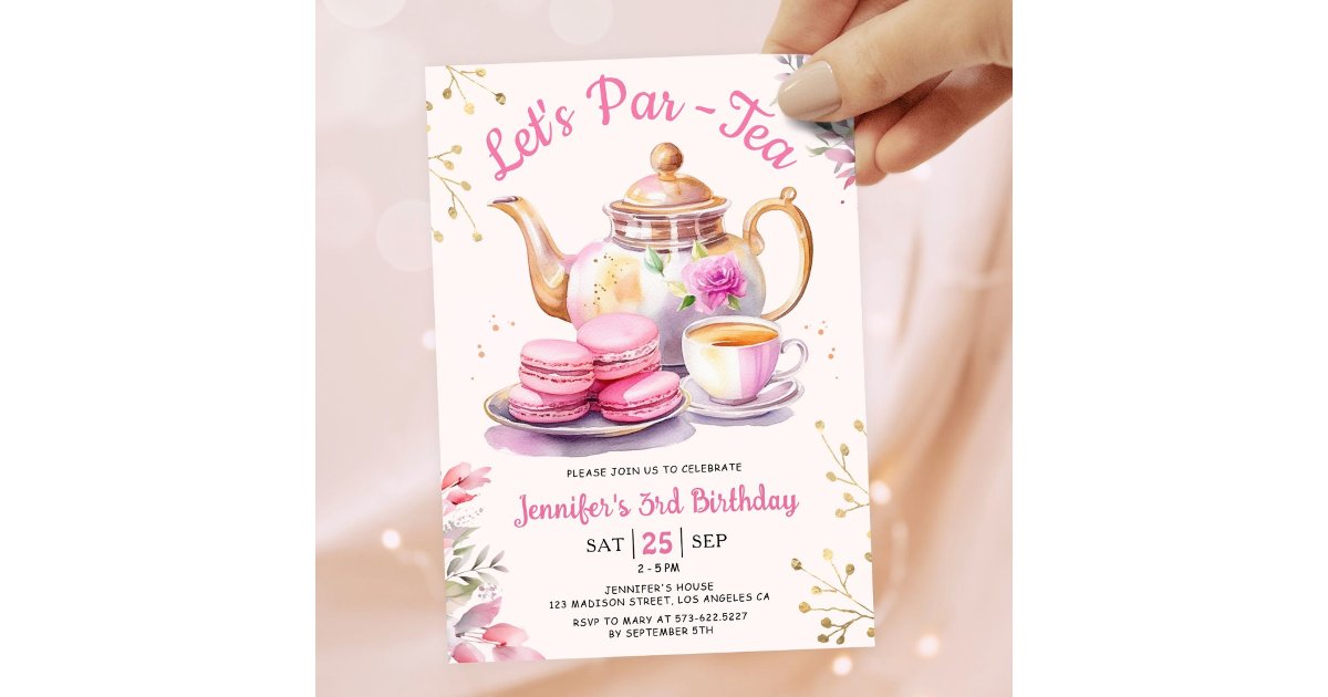 Let's Par-Tea! Girl Pink Tea Birthday Party Invitation | Zazzle