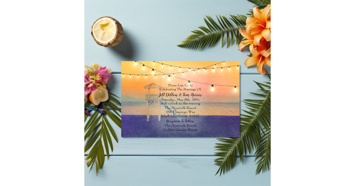 Lifeguard Beach Sunset View Wedding Invitation | Zazzle