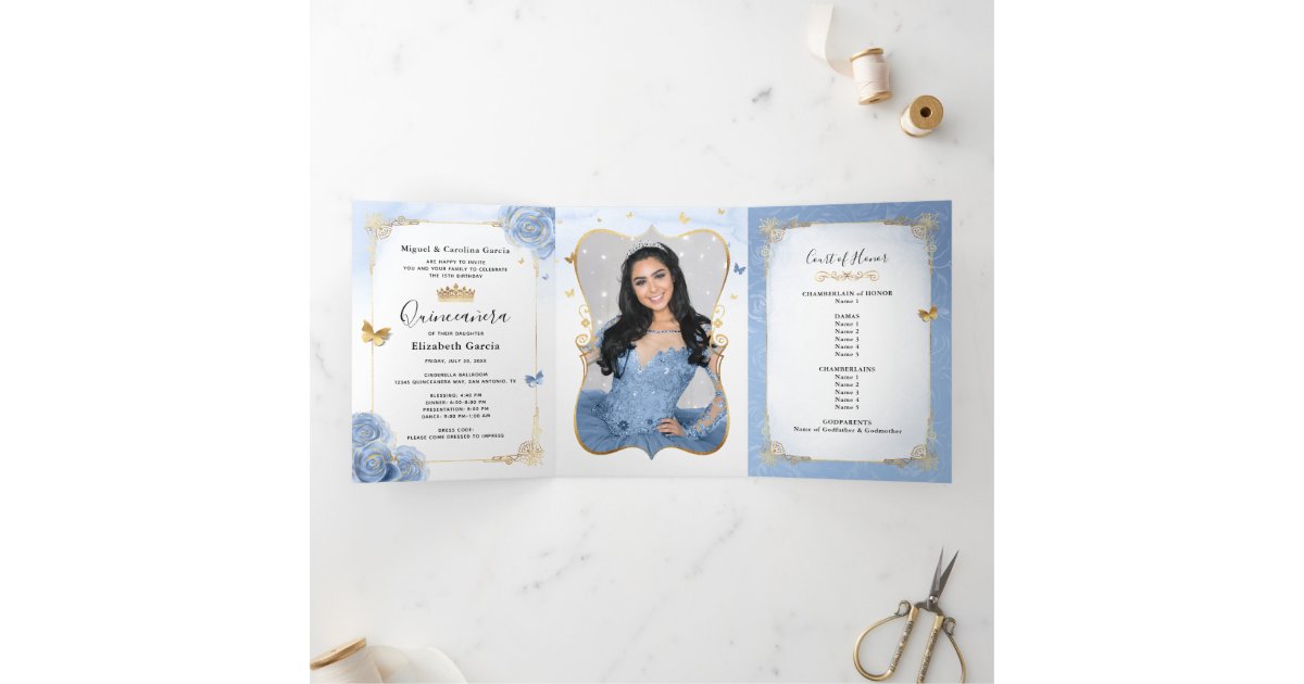 Light Blue and Gold Elegant Spanish Photo Quince Tri-Fold Invitation ...