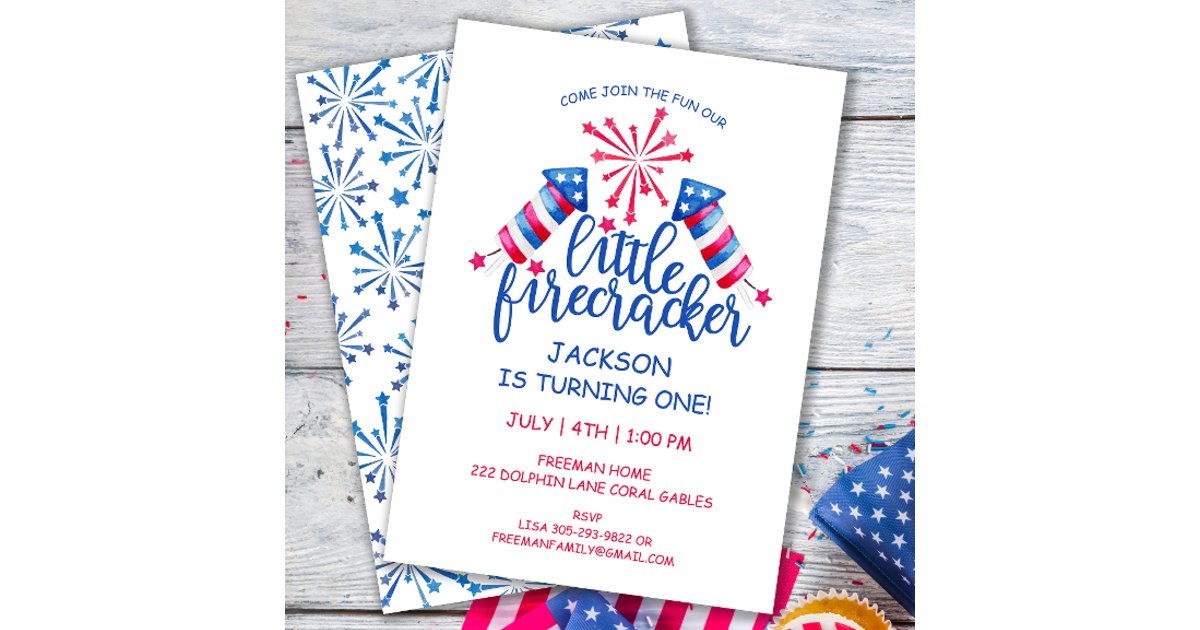 Little Firecracker Watercolor 4th of July Birthday Invitation | Zazzle