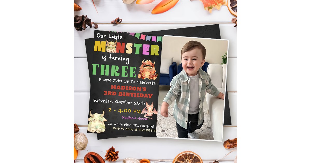 Little Monster Themed 3rd Birthday Party Photo Invitation | Zazzle