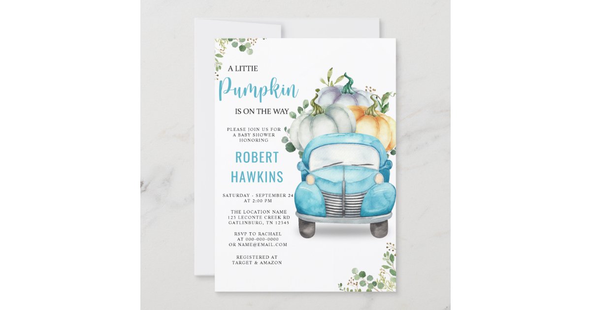 Little Pumpkin Blue Truck Baby Shower Invitation | Zazzle