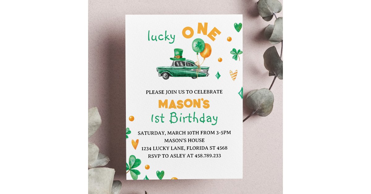 Lucky One Green Four Leaf Clover Birthday Invitation | Zazzle